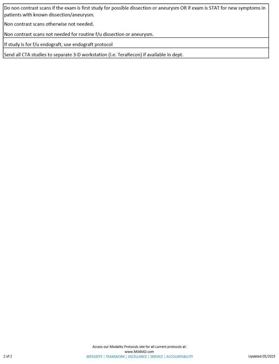 CT CTA Chest and Abdomen plus minus Pelvis for Aorta