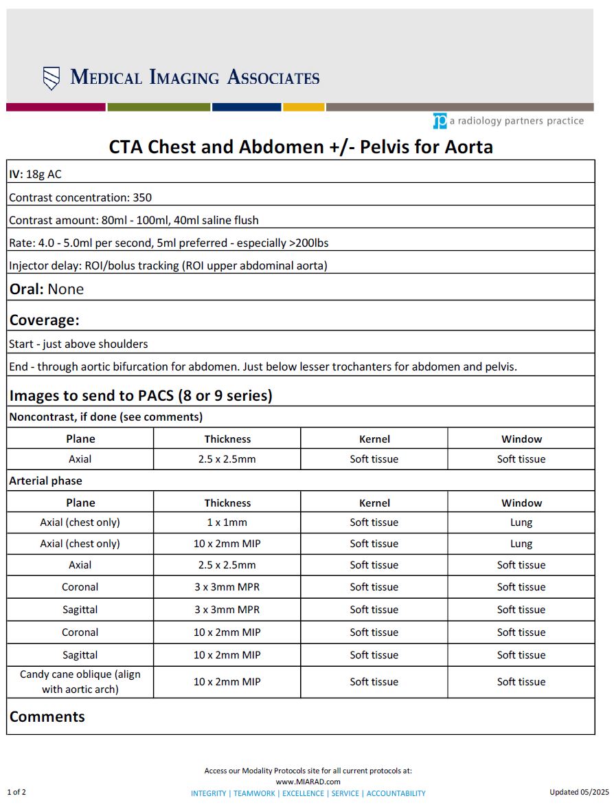 CT CTA Chest and Abdomen plus minus Pelvis for Aorta